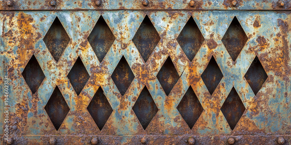Aged metal grate with a repeating triangular pattern, covered in rust ...