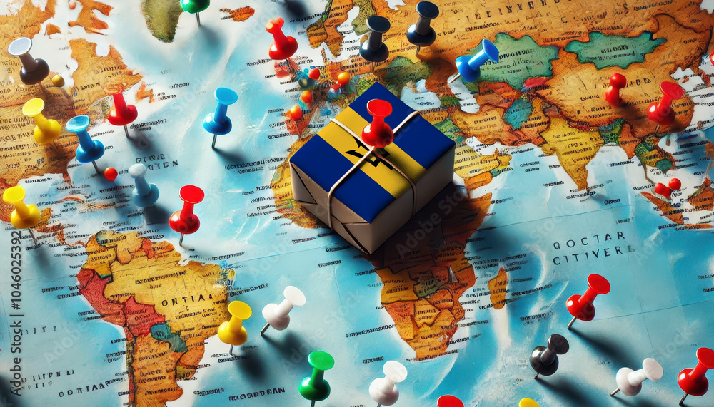 A package wrapped in the Barbados flag rests on a detailed world map ...