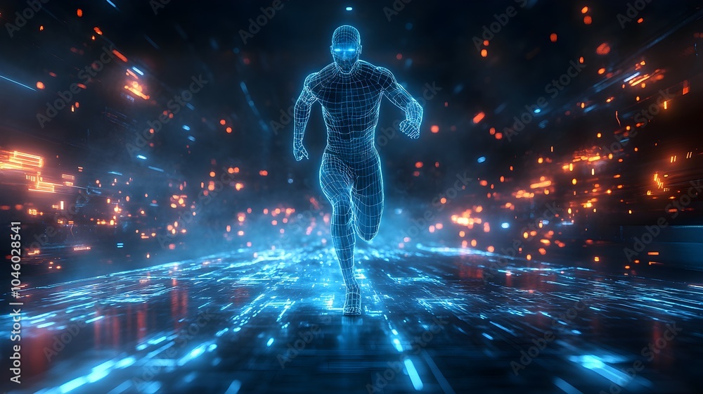 Blue neon hologram athlete running through a futuristic virtual reality landscape, wireframe ...