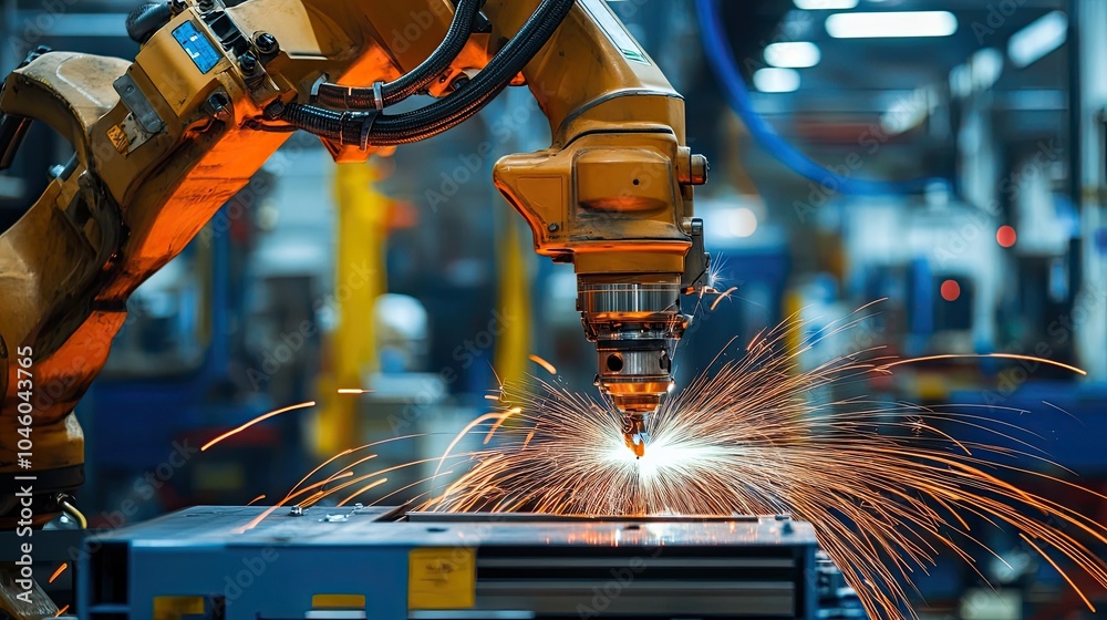 Industrial robot arm welding metal. The photo showcases automated ...