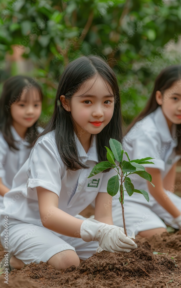 Children planting trees, nurturing the environment with care. Stock ...