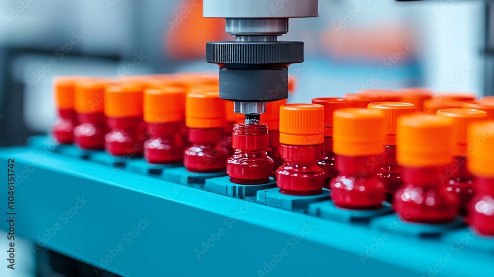 Plastic bottles being molded and shaped in an injection molding machine ...