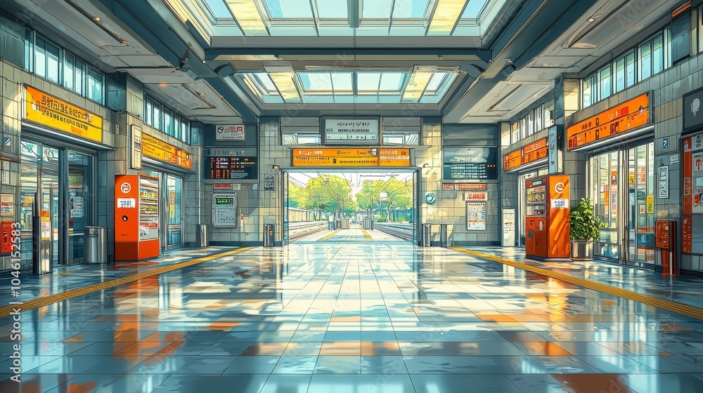 The modern high-speed railway station exit features a minimalist ...