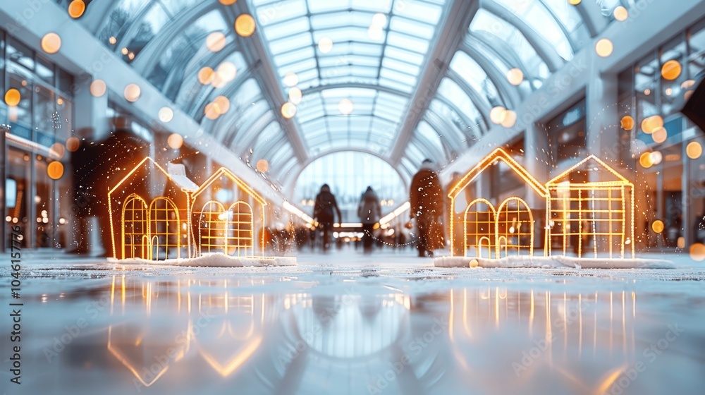 Blurred background of busy shopping mall interior with people walking ...