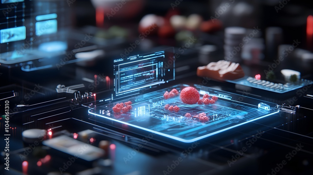 Futuristic digital interface with holographic projection display and ... Futuristic digital interface with holographic projection display and ...