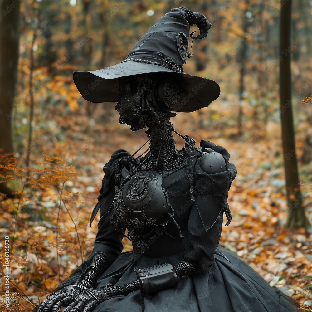Creepy Mechanical Robot Witch Wearing Black Dress and Hat in the Autumn ...