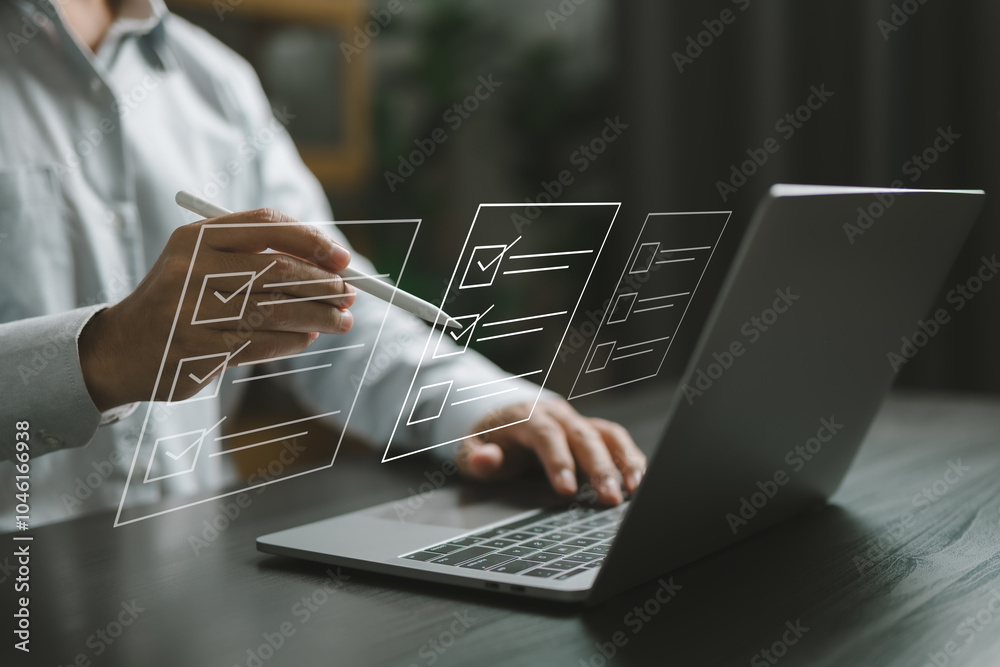 Efficient task management and checklist digital organization for optimized workflow. Stock Photo ...