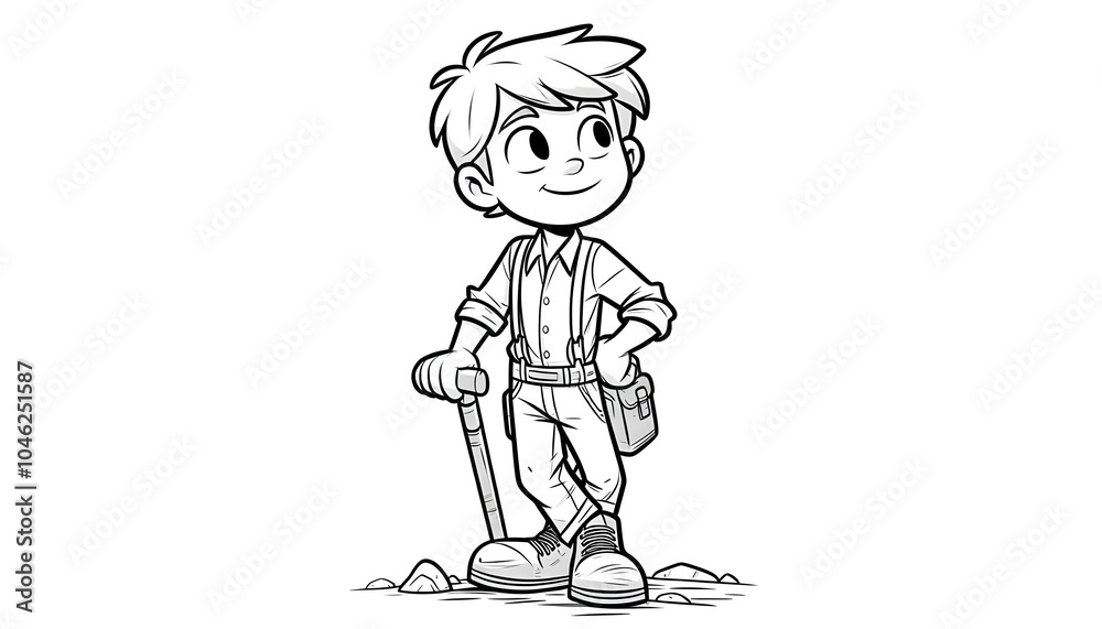 an archaeologist is standing, cartoon line art outline black and white ...