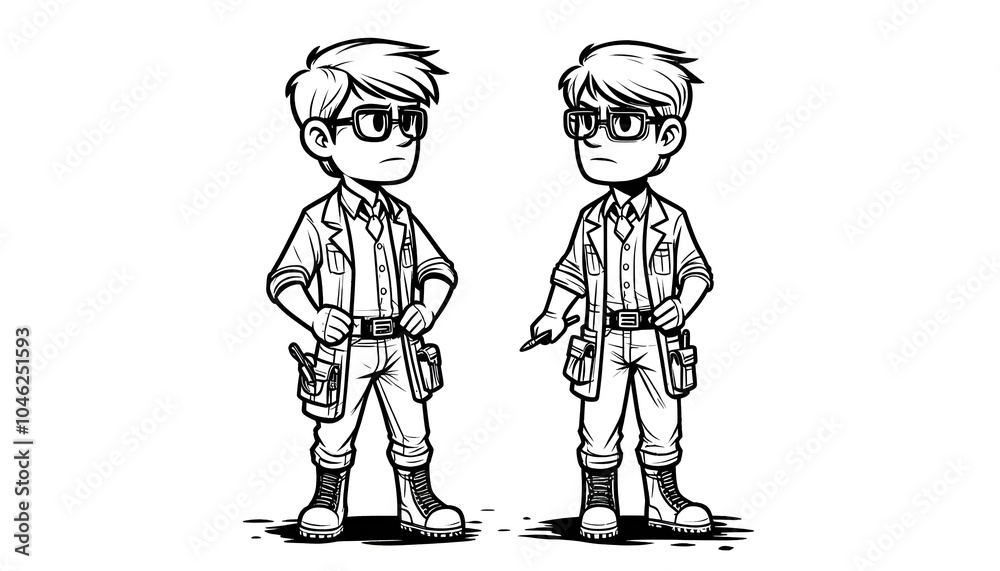 an archaeologist is standing, cartoon line art outline black and white ...