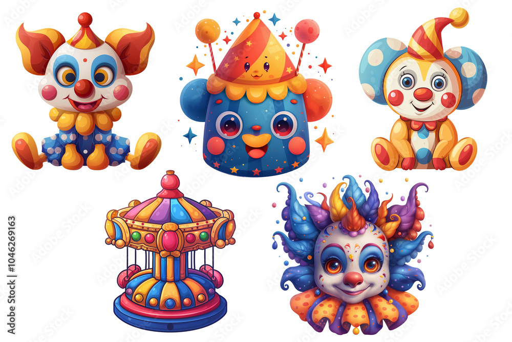 Set of circus characters and amusement park elements illustration ...