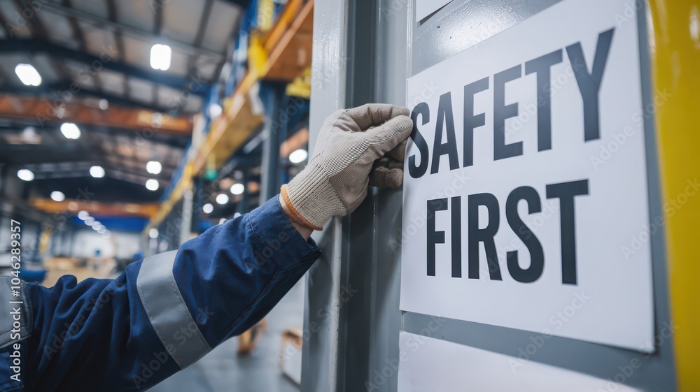 Hand placing safety sign in industrial workspace, focus on safety ...