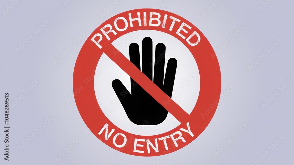 No entry prohibition sign with hand symbol, white isolate background ...