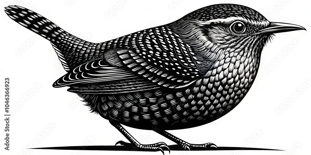 Black and White Vintage Engraved Art of a Wren - Highly Detailed Line ...