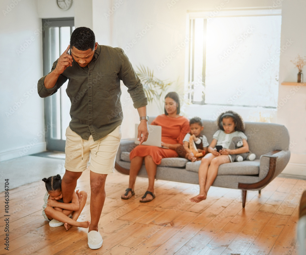 Phone call, home and child on leg of father for playing, tantrum and ...