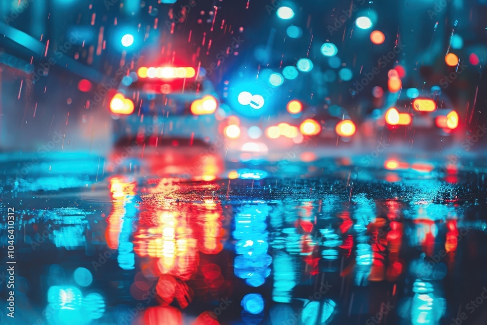 Blurry photo of police car at night in rain during road accident Stock ...