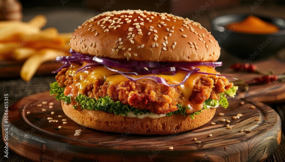 Classic sesame seed cheeseburger Fresh crispy chicken burger with ...