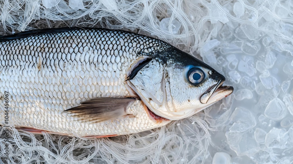Dead fish washed ashore tangled in plastic netting, showing the deadly ...