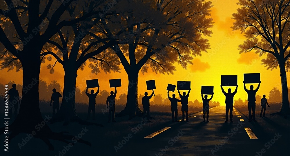 Unity in black and gold with rough textures, trees, and protest signs ...