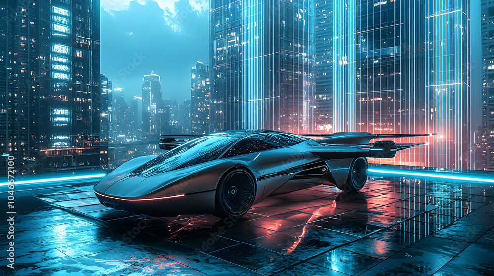 Futuristic Flying Car on Rooftop Platform, Nighttime Urban Setting ...