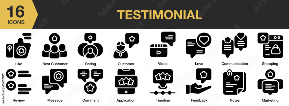 Testimonial solid icon set. Includes video, time line, shopping, review ...