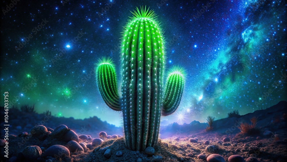 Surrealist photography of neon green cactus glowing under pitch black ...
