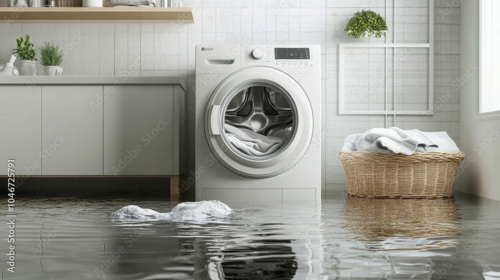 washing machine in empty white room surrounded by water, floating ...