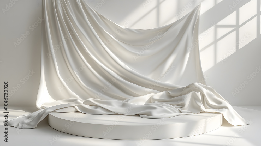 Podium covered with a piece of white silk drapery fabric, podium for product cosmetic ...