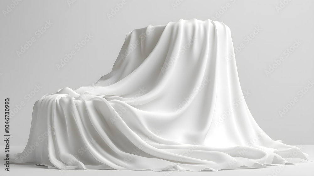 Podium covered with a piece of white silk drapery fabric, podium for product cosmetic ...