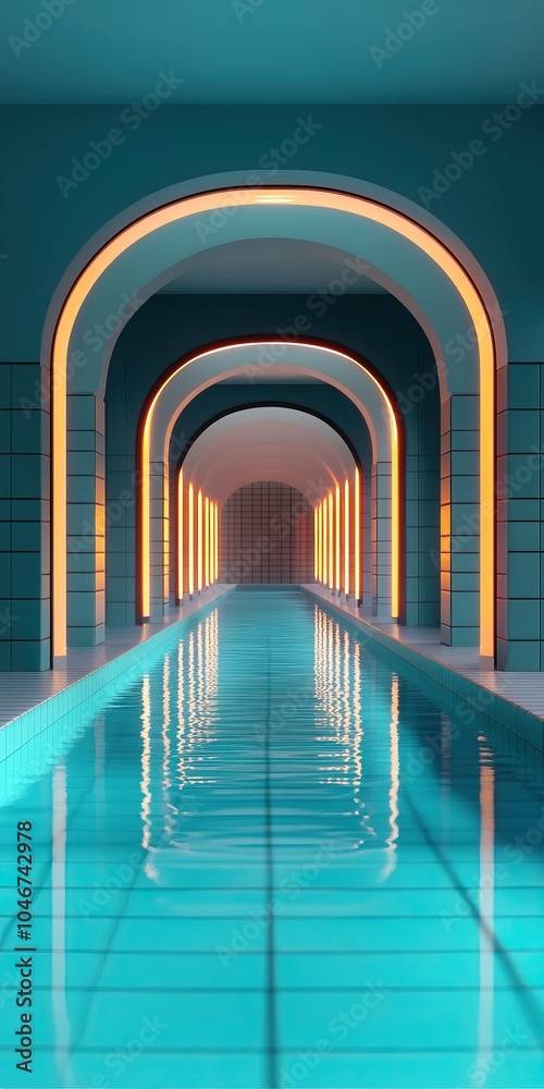 Modern architecture featuring a serene indoor pool with illuminated ...