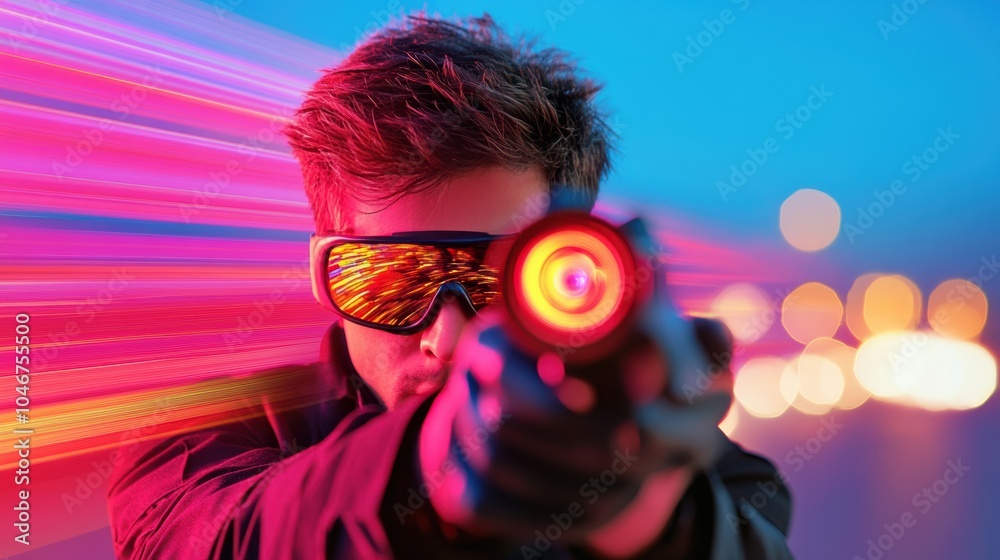 A police officer using a radar gun to enforce speed limits on a highway ...