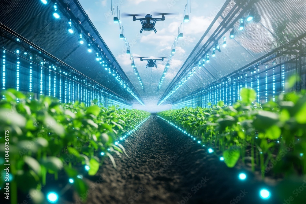 A futuristic biotech farm where crops are grown using genetic ...