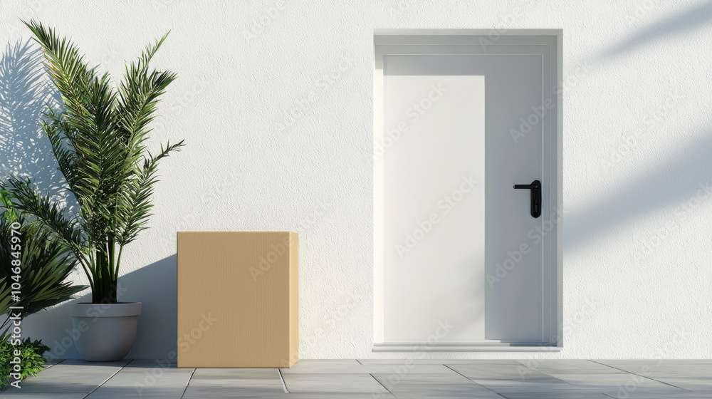 Blank Parcel box placed in front of the modern house door, Concept ...