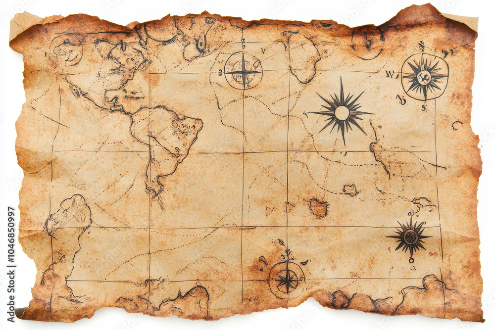 An ancient, tattered treasure map featuring nautical symbols ...