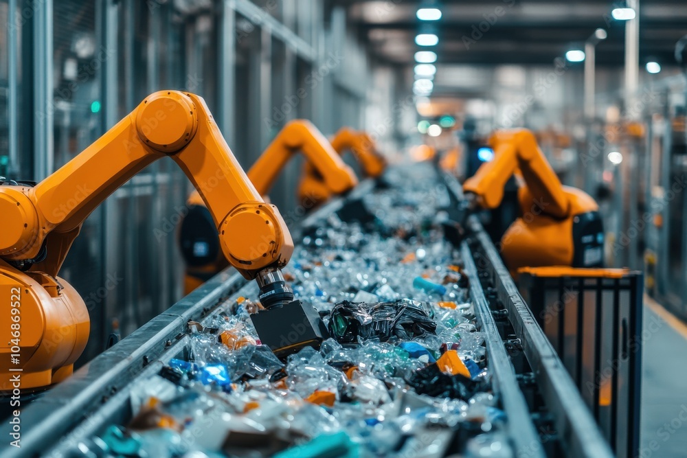 Robotic arms sorting plastic waste in a modern recycling facility Stock Photo | Adobe Stock