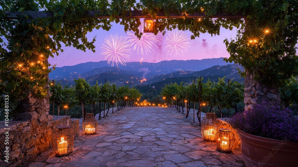 A scenic vineyard estate with a stone terrace overlooking rows of ...