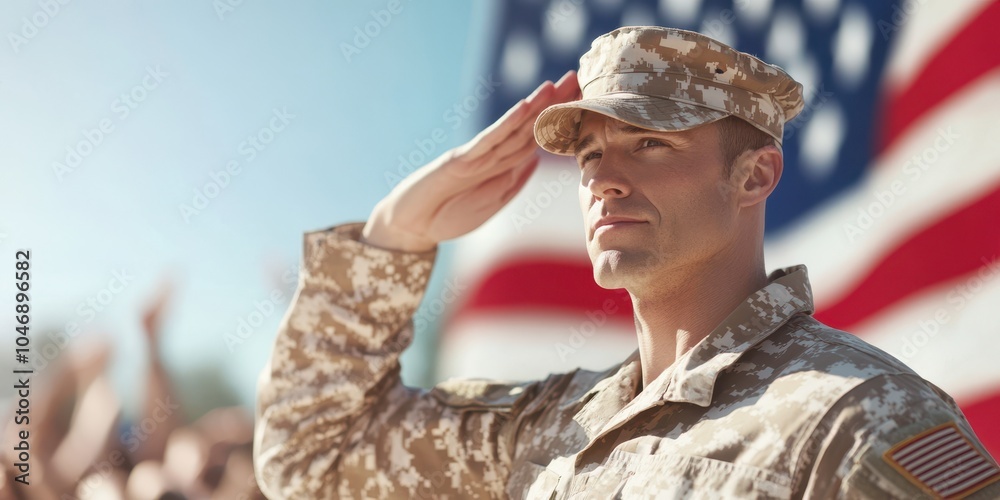 Soldier saluting in front of American flag, proud and respectful pose ...