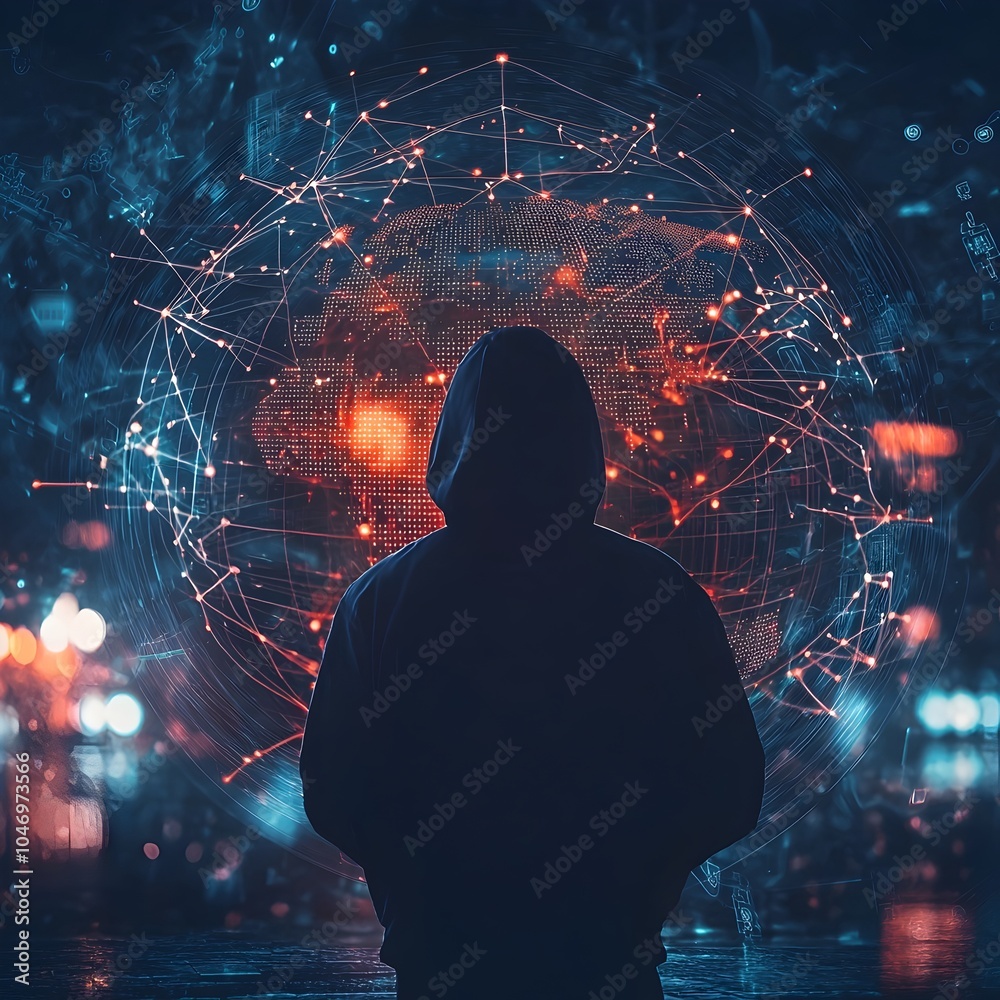 Hacker Silhouette in Front of Glowing Digital Globe Representing Global ...