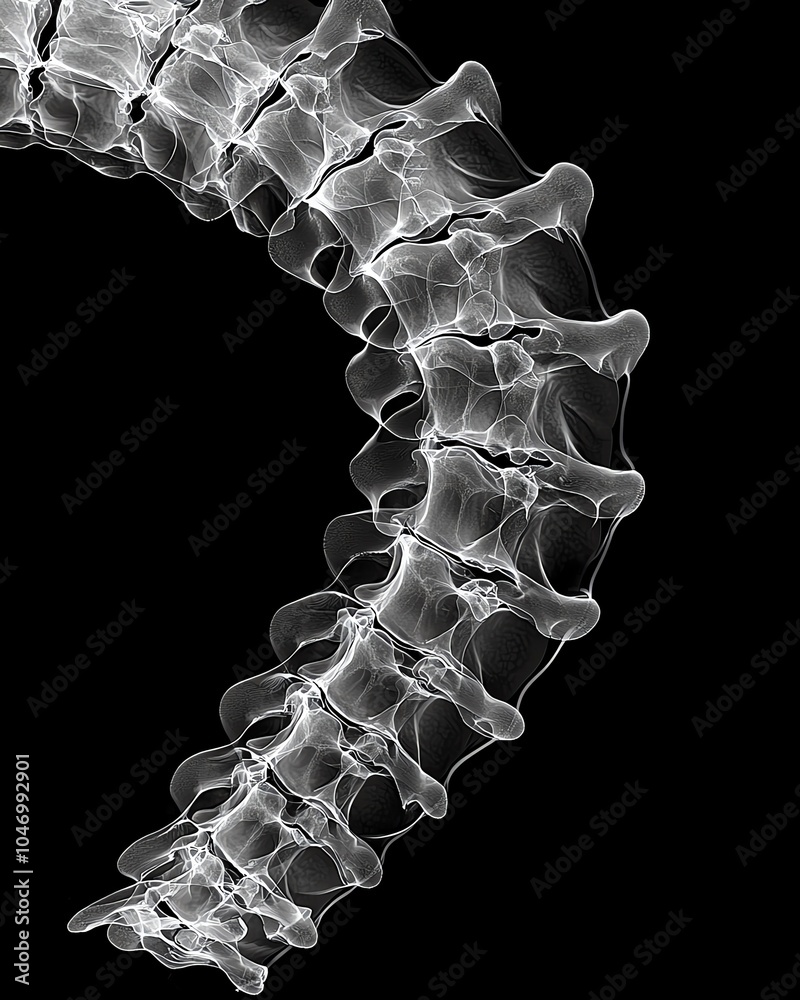 X-ray image of curved human spine on black background, medical anatomy ...