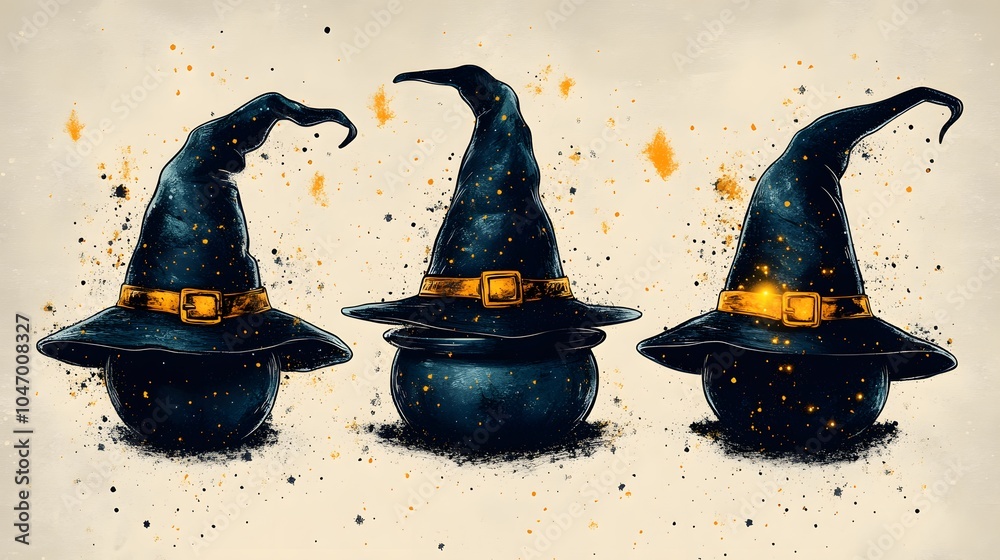 Contemporary Halloween printables with abstract witch hats and ...