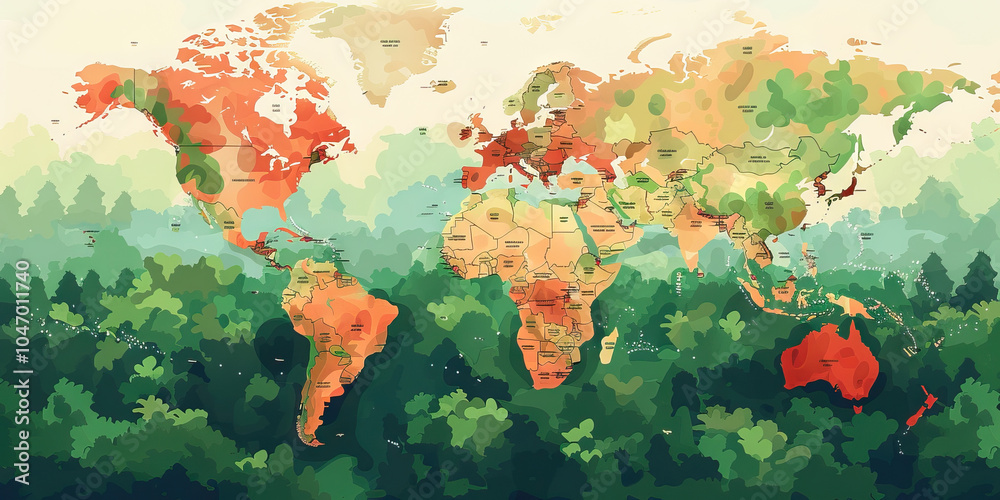 A world map highlighting the impact of deforestation, shading areas in ...