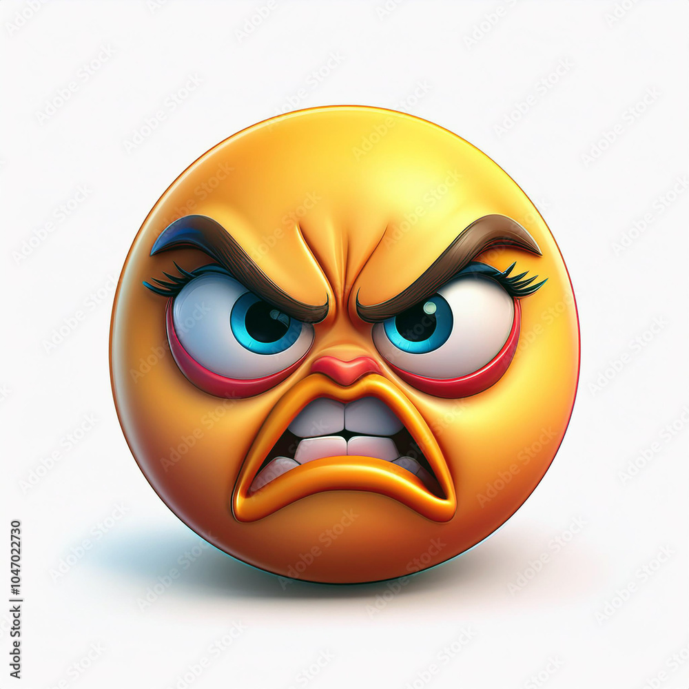 Furious Emoticon: 3D rendering of an angry female emoji, glaring intensely with a fierce ...