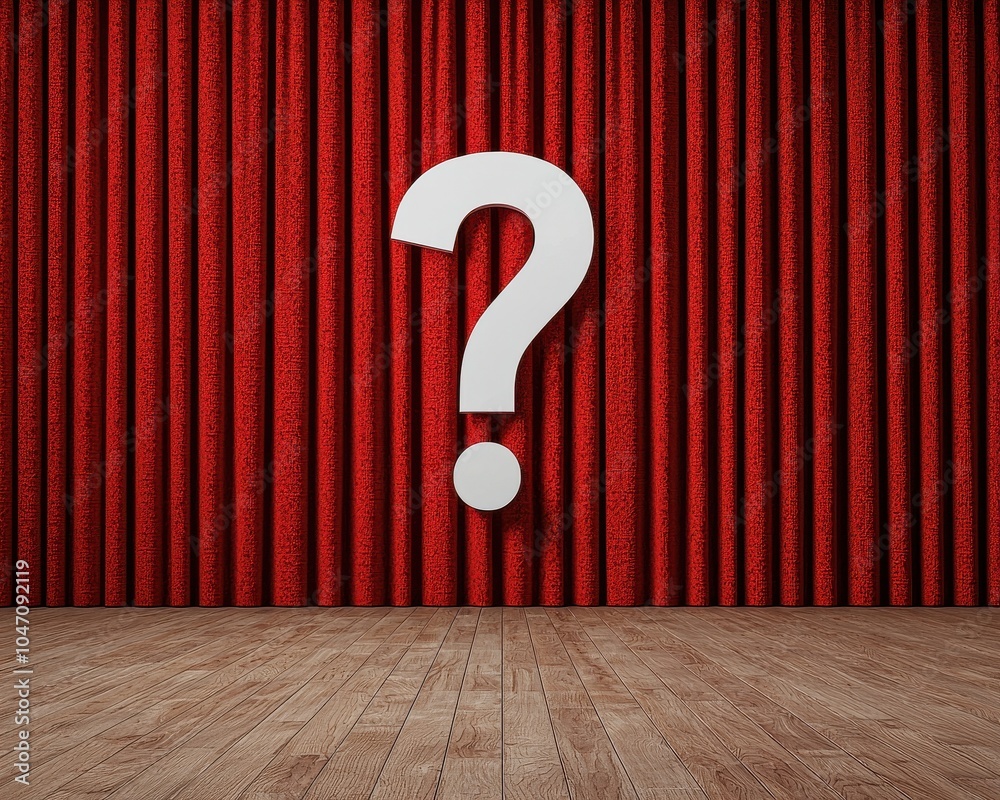 3D white question mark on a red curtain backdrop with wooden floor ...