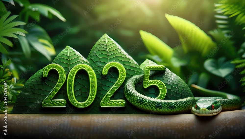 A green snake wrapping around the year 2025, in a jungle-themed AI ...