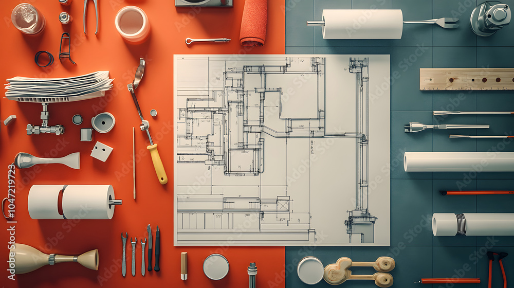collection of plumbing tools and materials is displayed on vibrant ...