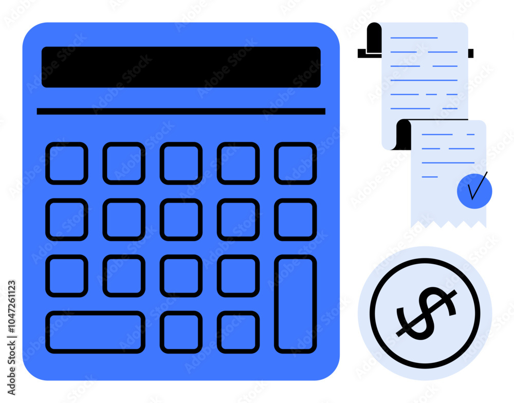 Large blue calculator alongside a rolled receipt and a dollar sign in a ...