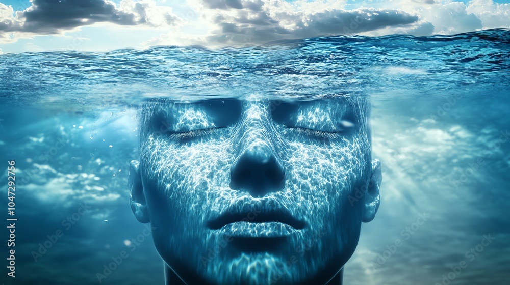 A serene underwater scene depicting a human face, symbolizing ...