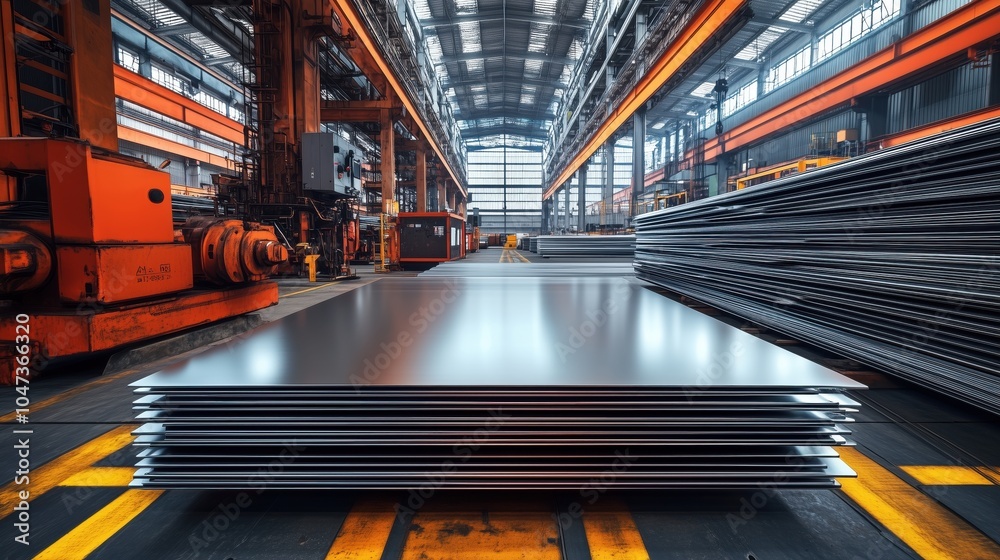 Stacked steel sheets in large industrial warehouse. Large stack of ...