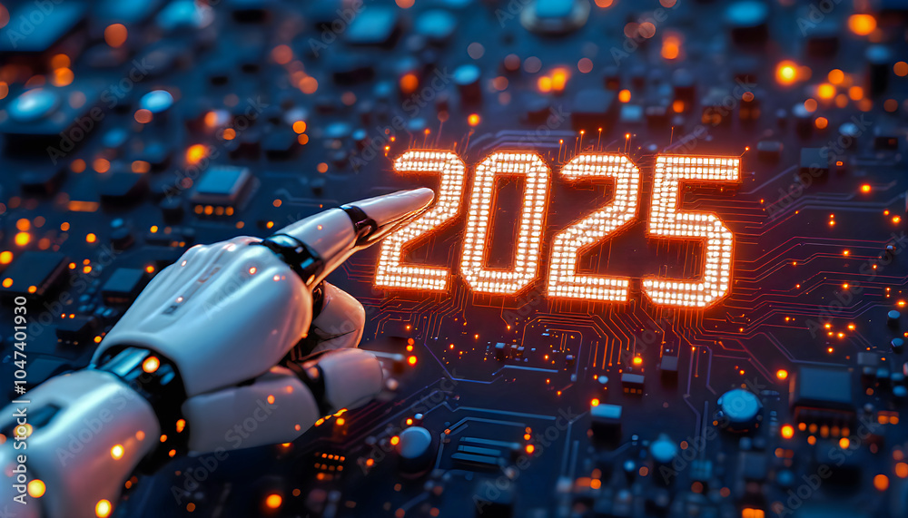Futuristic robotic hand setting the year 2025 on a digital circuit ...