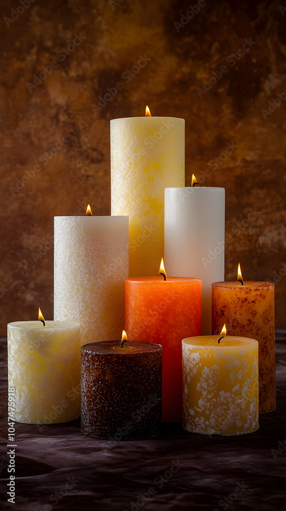 Seven candles of various sizes and colors are arranged in a pyramid ...