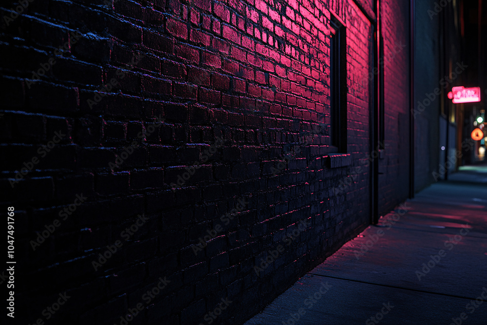 moody dark brick alleyway illuminated by neon lights reflecting on the walls creating an urban ...